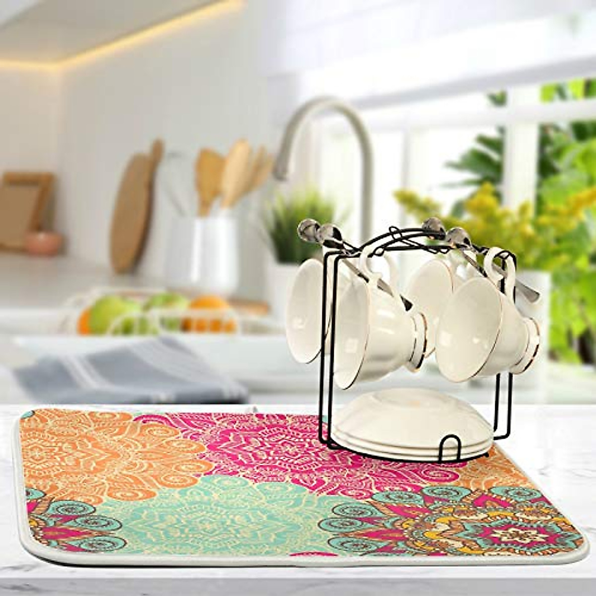 Floral Mandala Trippy Dish Drying Mat 24"x18" Absorbent Machine Washable Hanging Fast Dry Pad Dish Protective Mat for Kitchen Countertop Heat Resistant Dinner Table Mat