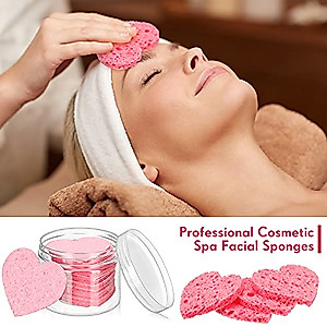 Nuenen 60 Pieces Facial Sponges with Container, Heart Shape Compressed Face Sponges Natural Cleaning Pads for Washing Face Cleaning Exfoliating Esthetician Makeup Removal(Pink)