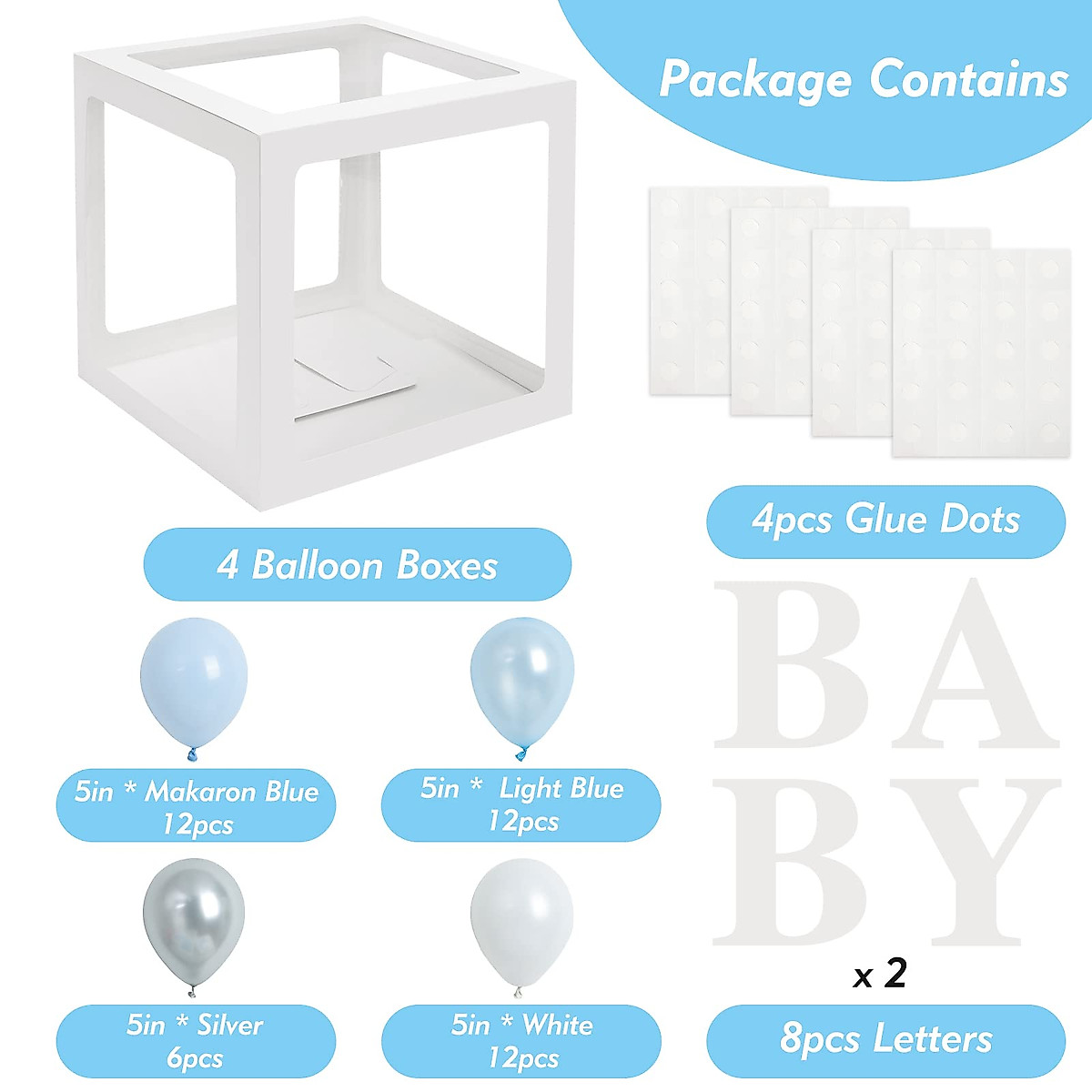 RUBFAC Baby Boxes with 8 Letters and 36 Balloons, 4pcs Clear Balloon Boxes for Baby Shower Décor BABY Blocks Design for Boys Birthday Party Decorations