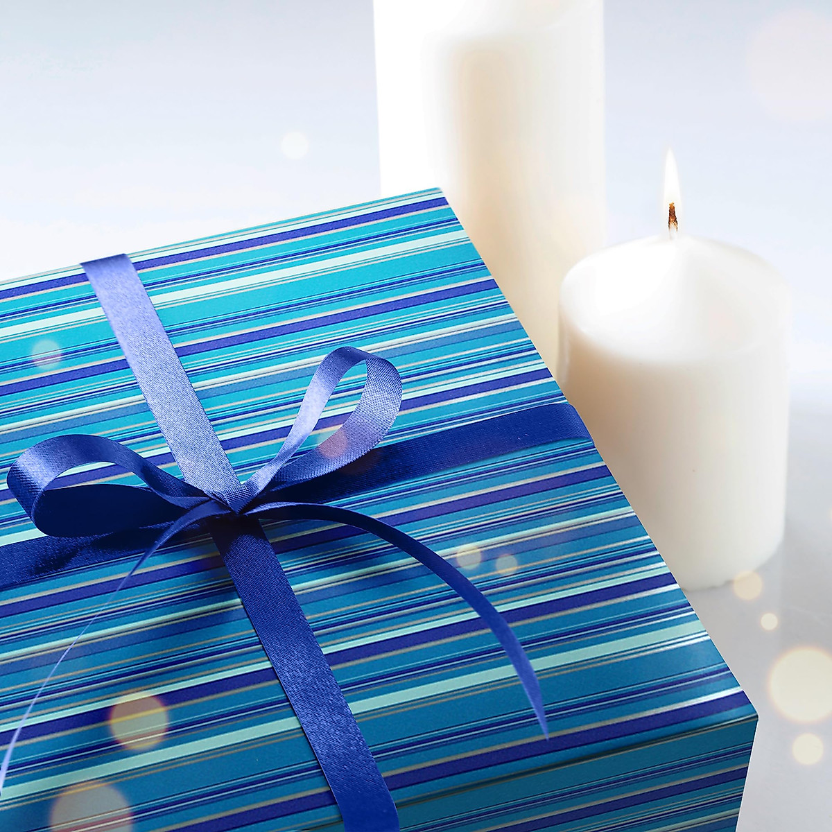 Designer Greetings Glitterwrap™ Hanukkah Gift Wrap – Dreidels, Star of David, Menorahs, Coins and Blue Striped Pattern (4 Rolls/Designs Per Pack, 30” x 192”, 40 Sq. Ft.)