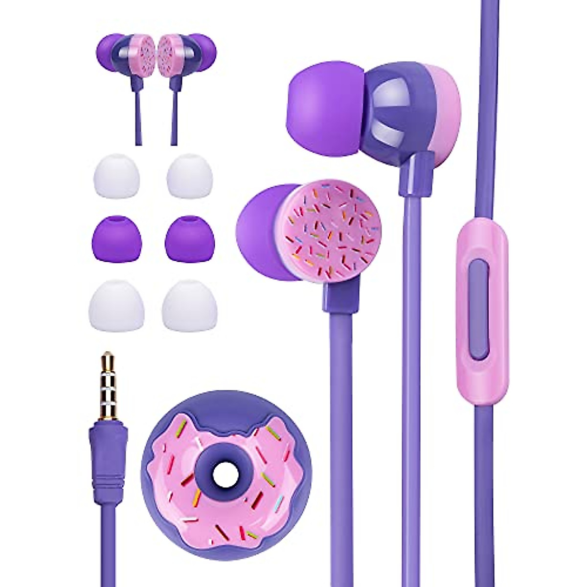 OHEDMEH Wired Earbuds for Kids in-Ear Headphones, Cute Donut Kids Earphones for School, Flat Cable Cute Earbud with Microphone and Lovely Kids Ear Buds Storage Case for Girls Boys and Adults (Purple)