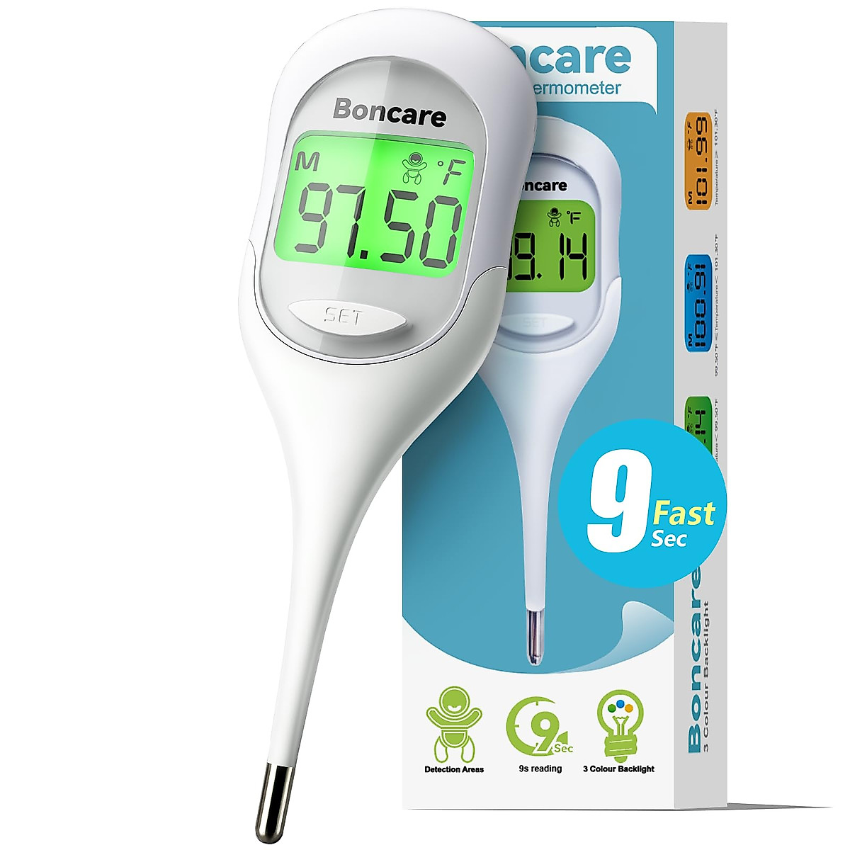 Boncare 9 Seconds Digital Basal Thermometer for Adults and Kids - Accurate Oral Thermometer with Fever Alarm, Rectal Thermometer for Baby with Large Display (Rice-White)