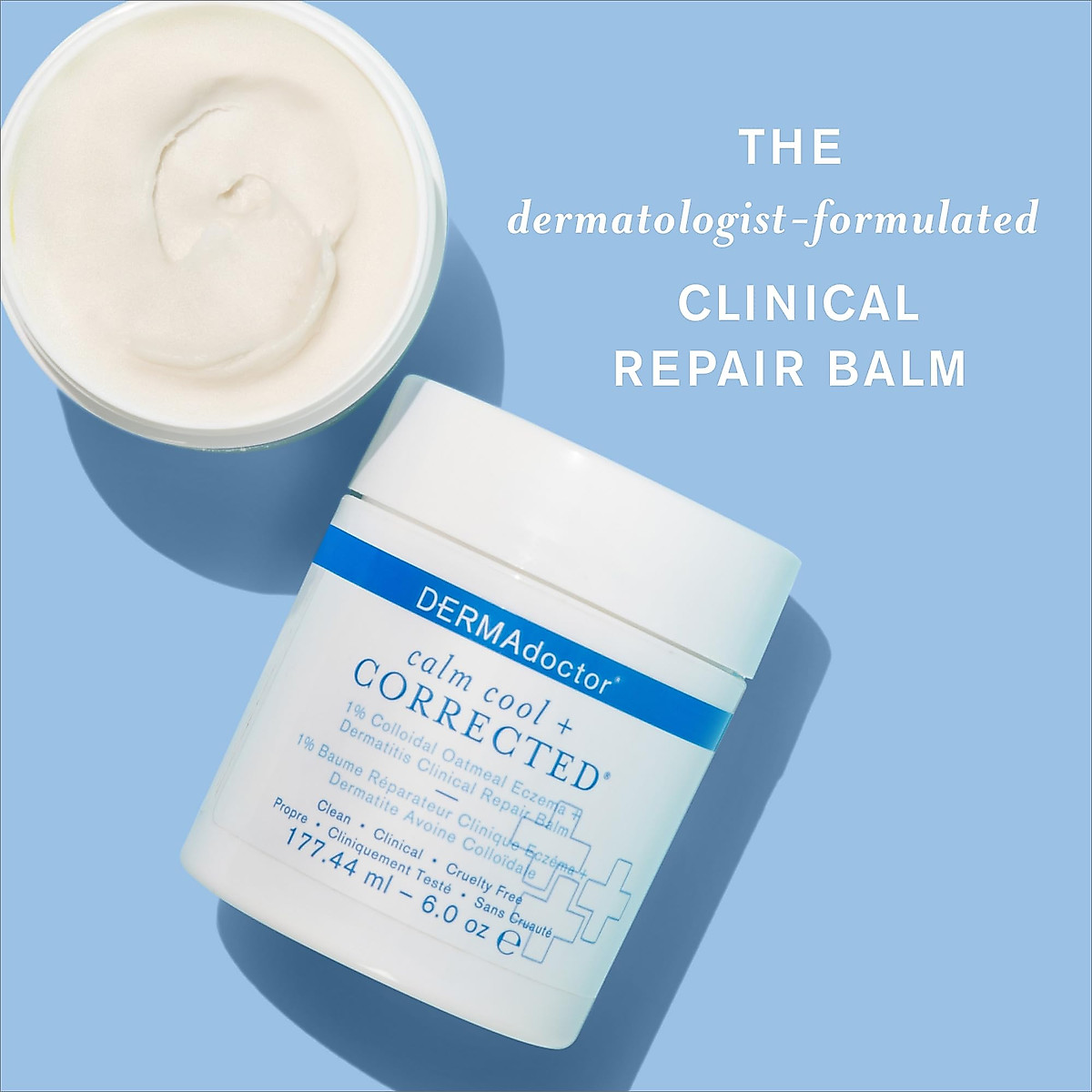 DERMAdoctor Calm Cool + Corrected Clinical Hydra Repair Cream for Face and Body with 1% Colloidal Oatmeal, Moisturizing Skin Repair for Dry, Eczema & Dermatitis Relief + Anti Itch - 6 oz