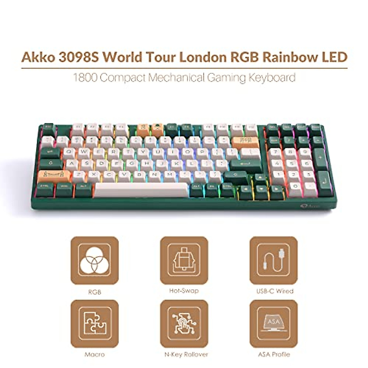 Akko 3098S 1800 Compact Hot Swappable Mechanical Keyboard, 98-Key Wired Gaming Keyboard with PBT Double-Shot Keycaps and Tactile Switches for Mac & Win (Jelly Purple)