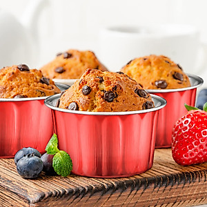 100 Pack Disposable Ramekins with Lids 8 oz Creme Brulee Ramekin Aluminum Foil Cup Cupcake Liner for Baking Disposable Muffin Tin Pan Cheesecake Container for Catering Wedding Party (Red, Silver)