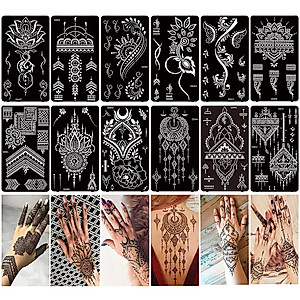 XMASIR 12 Sheets Henna Tattoo Stencils, Glitter Airbrush Hand Temporary Tattoo Stickers Indian Arabian Self Adhesive Tattoo Templates (S5-12P)