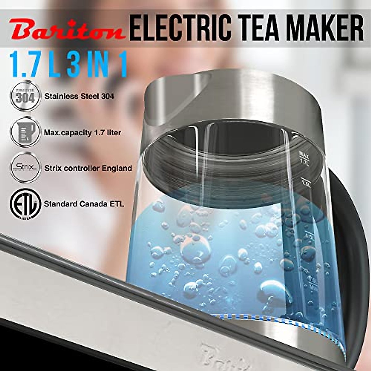 BARITON 3 in 1 water kettle/TEA MAKER/coffee maker MODEL BTM-1780GS Electronic sensor touch control panel with display, powered by strix technology safer by design