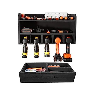 Shikha Power Tool Organizer Wall Mount,No Assemble Garage Storage Wooden Shelf with Cord Slots,Cordless Drill Holder Rack with Drawer for Garage Workshop