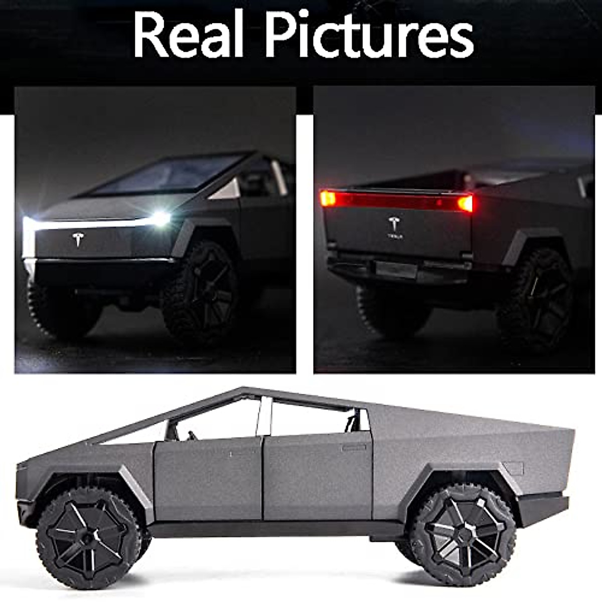 EROCK 1:24 Scale Cybertruck Model Toy Pull Back Pick-Up Truck with Sound and Light, Alloy Diecast Truck Toys for Kids Gift or Vehicles Model Collection Enthusiasts (Matte Black)