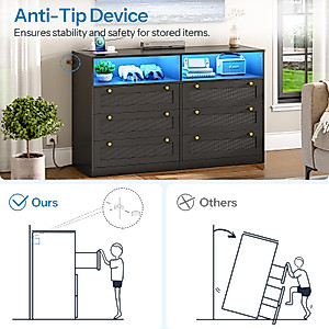 HOOBRO 6 Drawer Dresser with LED Lights and Charging Station, Black Rattan Dresser for Bedroom, Rattan Chest of Drawers,15.7" Wide LED Dresser, with Open Storage, Wooden Dresser for Closet, Black
