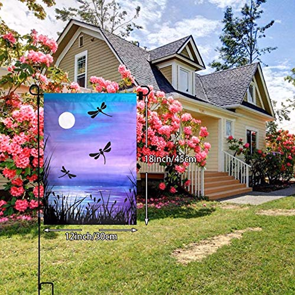 Lake Dragonfly Moon Outdoor Garden Welcome Flag, Double Sided Vertical Garden Yard Flag Banner for Lawn House Outside Decor 12x18inch