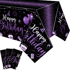 Tudomro 3 Pcs Happy Birthday Tablecloths Happy Birthday Decorations Plastic Table Cover Rectangular Cloths for Women Men Baby Shower Birthday Party Supplies, 108 x 54 Inch (Black Purple)