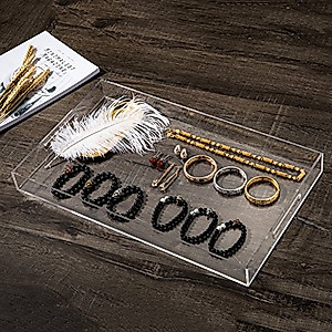Sooyee Acrylic 16" x 12" Plastic Tray for Coffee Table,Kitchen,Bathroom,Food,Vanity Countertop,Large Ottoman Decorative, Serving Tray with Handles,Clear