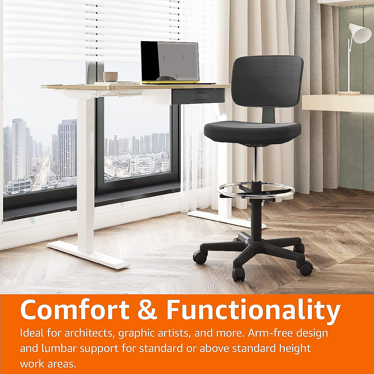 Amazon Basics Mid-back Mesh Office Drafting Chair Stool with Adjustable Footrest