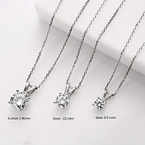 FANCIME 14k Solid White Gold Round 4 Prong 1 Carat Moissanite Simulated Diamond 6.5mm D-E Color VVS Clarity Pendant Necklace For Women, 16" + 2" Extender
