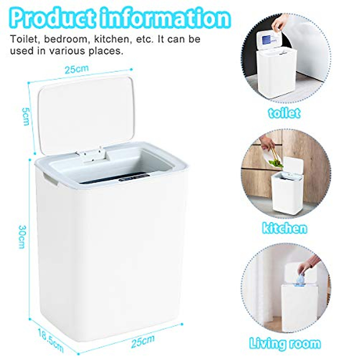 INFURIDER Automatic Plastic Trash Can with Lid, 3.7 Gallon/14L Touchless Intelligent Induction Motion Sensor Dustbin Garbage Waste Bin for Home Bedroom Kitchen(White)