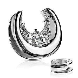 Pierced Owl Silver Tone Floral Filigree Crystal Center Saddle Spreader Ear Gauges in 316L Stainless Steel, Sold as A Pair (12mm (1/2"))