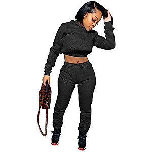 Akmipoem Winter Outfits for Women 2 Piece Tracksuits Long Sleeve Crop Hoodie Sweatshirts Jogging Pants Set Black L