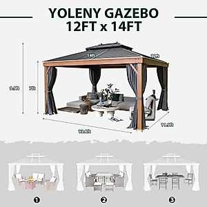YOLENY 12' x 14' Hardtop Gazebo Faux Wood Grain Metal Gazebo with Aluminum Frame, Galvanized Steel Double Roof, Outdoor Patio Gazebo Pergolas with Netting and Curtains for Backyard, Patio, Lawns