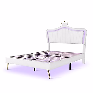YSWH Queen Size Upholstered Princess Bed, Platform Bed Frame with Adjustable Crown Shaped Headboard and LED Lights, Fun Cute Bed Princess Bed for Kids, Bedroom Furniture Upholstered Bed (White)