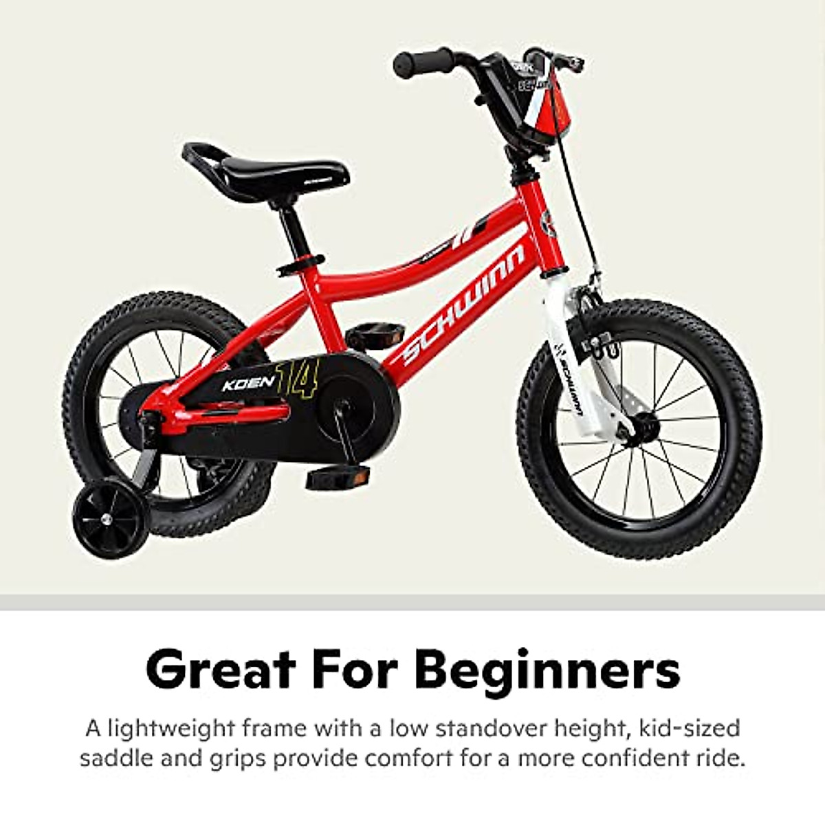 Schwinn Koen & Elm Toddler and Kids Bike, For Girls and Boys, 14-Inch Wheels, BMX Style, With Saddle Handle, Training Wheels Included, Chain Guard, and Number Plate, Red