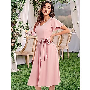 Gardenwed Cocktail Dresses for Women Wedding Guest,Fit and Flare Formal Dress with Sleeves for Homecoming Party Church Blush L