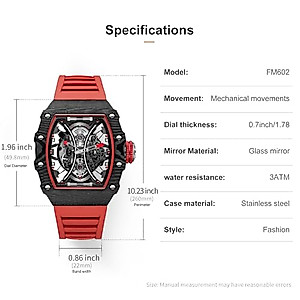 FEICE Watches for Men Automatic Skeleton Watch Waterproof Sapphire Crystal Japanese Movement Mens Wristwatch with Carbon Fiber Strap Anti Shock Business Watch FM602 B_Red