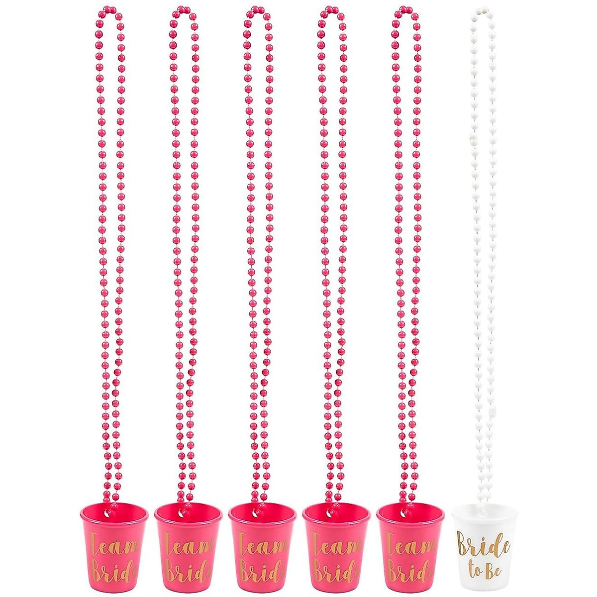 Sparkle and Bash 6-Pack Team Bride and Bride To Be Plastic Beaded Shot Glasses Necklaces - Perfect for Bachelorette, Hot Pink and White with Gold Font - 30.4 Inches Long