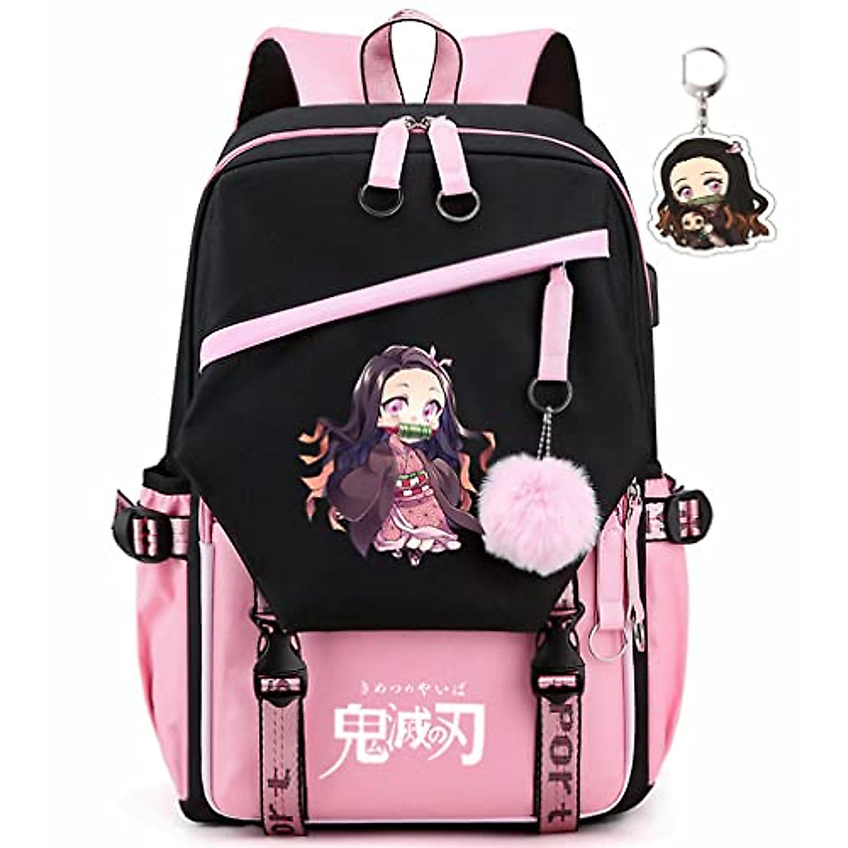 Luckbanjie 17'' Nezuko Backpack Tanjiro Anime School Book Bag Latop Backpacks (Pink-A)