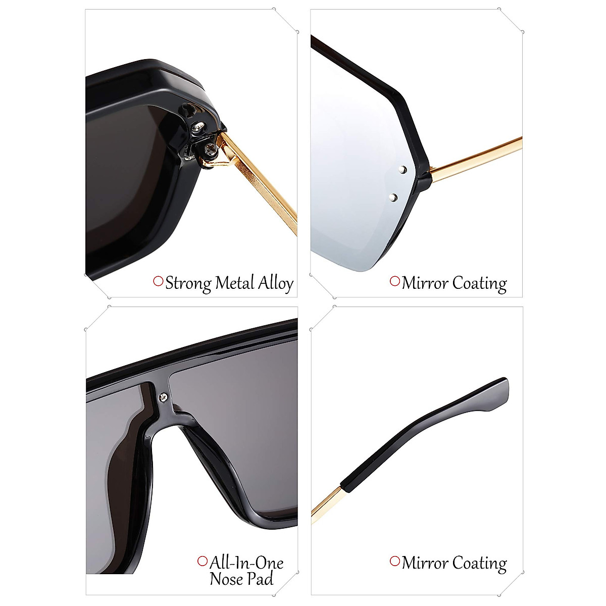 Weewooday 4 Pairs Siamese Sunglasses Mirror Flat Top Sunglasses Oversized Stylish Classic Rimless Sunglasses Eyewear for Women Men