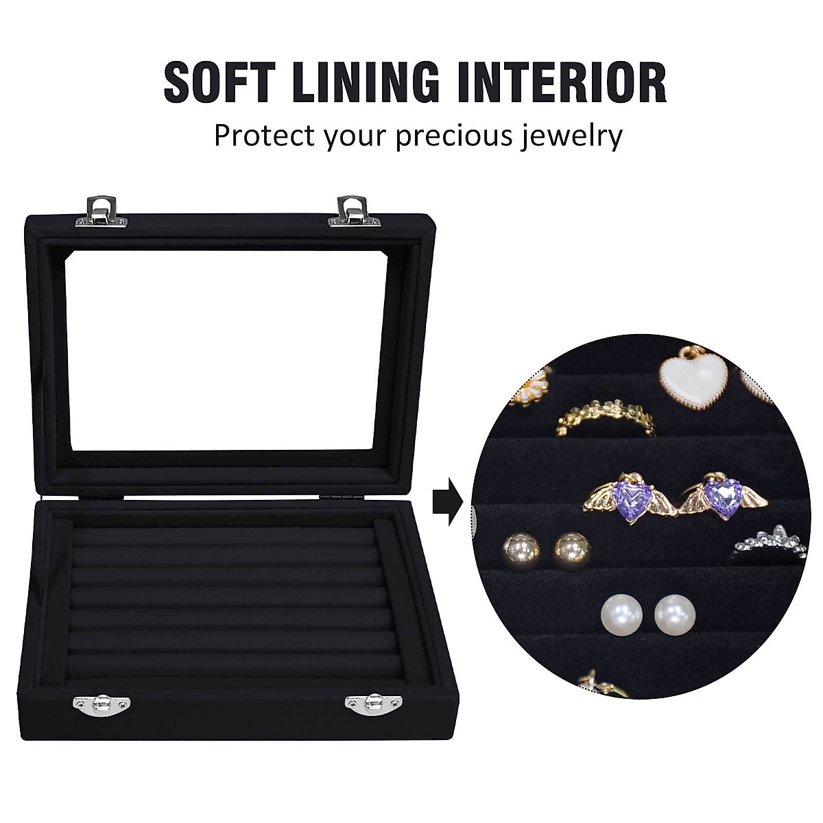 Vicoter Rings Organizer Tray 7 Slots Velvet Jewelry Earring Storage Box with Transparent lid Jewelry Display Case for Girls Wife Mom Women (Black)