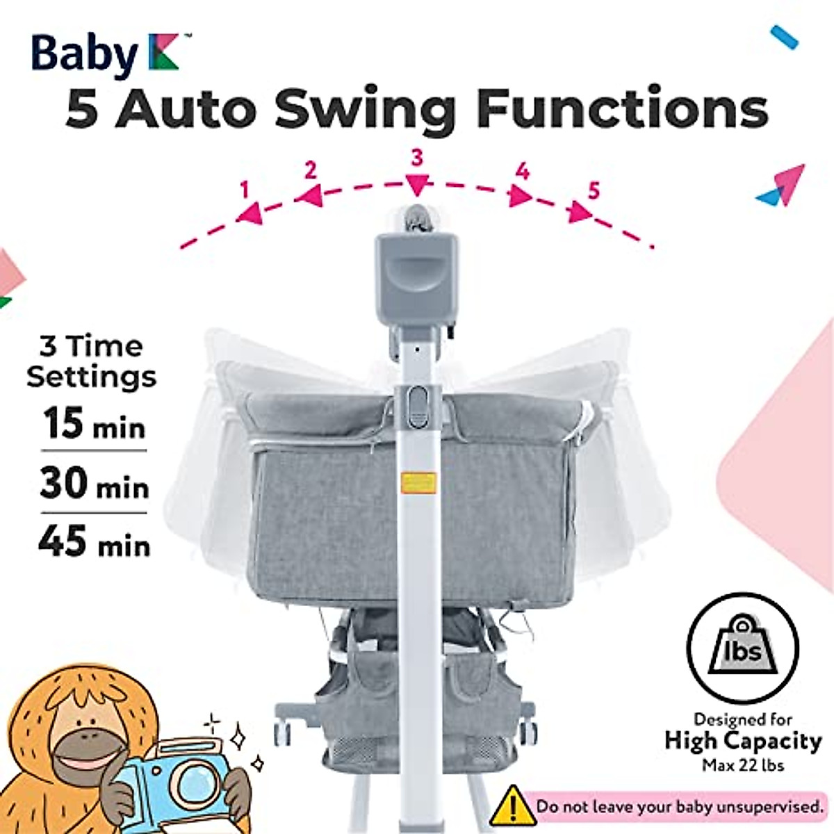 BABY K Electronic Rocking Bedside Bassinet (Grey) - 4 in 1 Automatic Swaying Mesh Baby Bassinet Co Sleeper Crib with 5 Swing Motions, 3 Timer Setting & Bluetooth Music Control for Infant & Toddlers