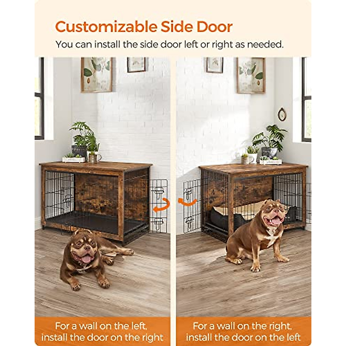 FEANDREA Dog Crate Furniture, Side End Table, Modern Kennel for Dogs Indoor up to 70 lb, Heavy-Duty Dog Cage with Multi-Purpose Removable Tray, Double-Door Dog House, Rustic Brown UPFC003X01