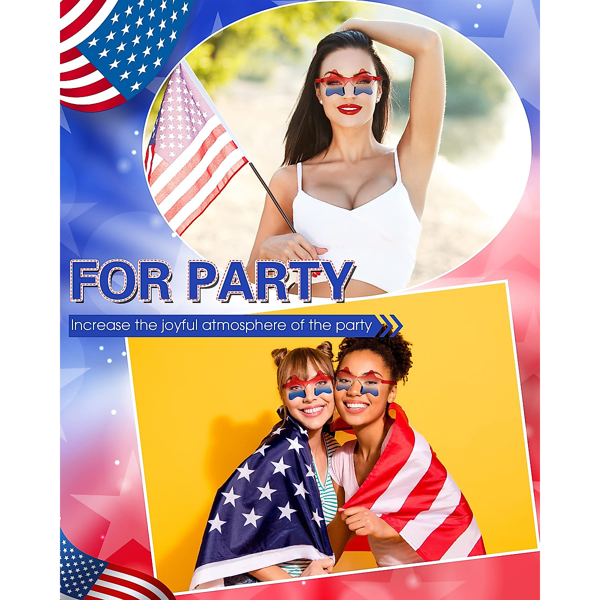 Kanayu 12 Pairs Red White and Blue Star Glasses 4th of July Rimless Sunglasses Pentagram Sunglasses for Independence Day(Red Leg)