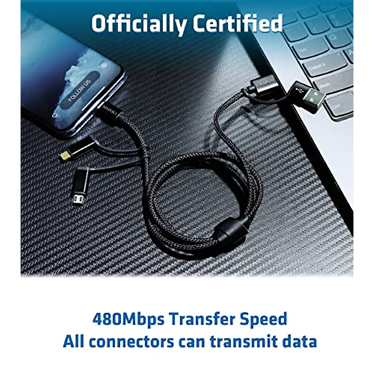 CHAFON USB C Multi Fast Charging Cable PD 60W Nylon Braided Cord 5-in-1 3A USB A/C to Type C/Micro USB Charger Adapter Compatible Samsung Galaxy S20 LG Sony iPad Pro 2018 Android(3.3FT)