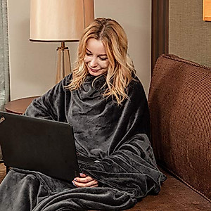 Wearable Fleece Blanket with Sleeves & Foot Pocket for Adult Women Men,Lightweight Soft Plush TV Blanket Wrap Throw with Sleeves and Adjustable Hook & Loop 79" x 67" Charcoal (Kangaroo Pocket)