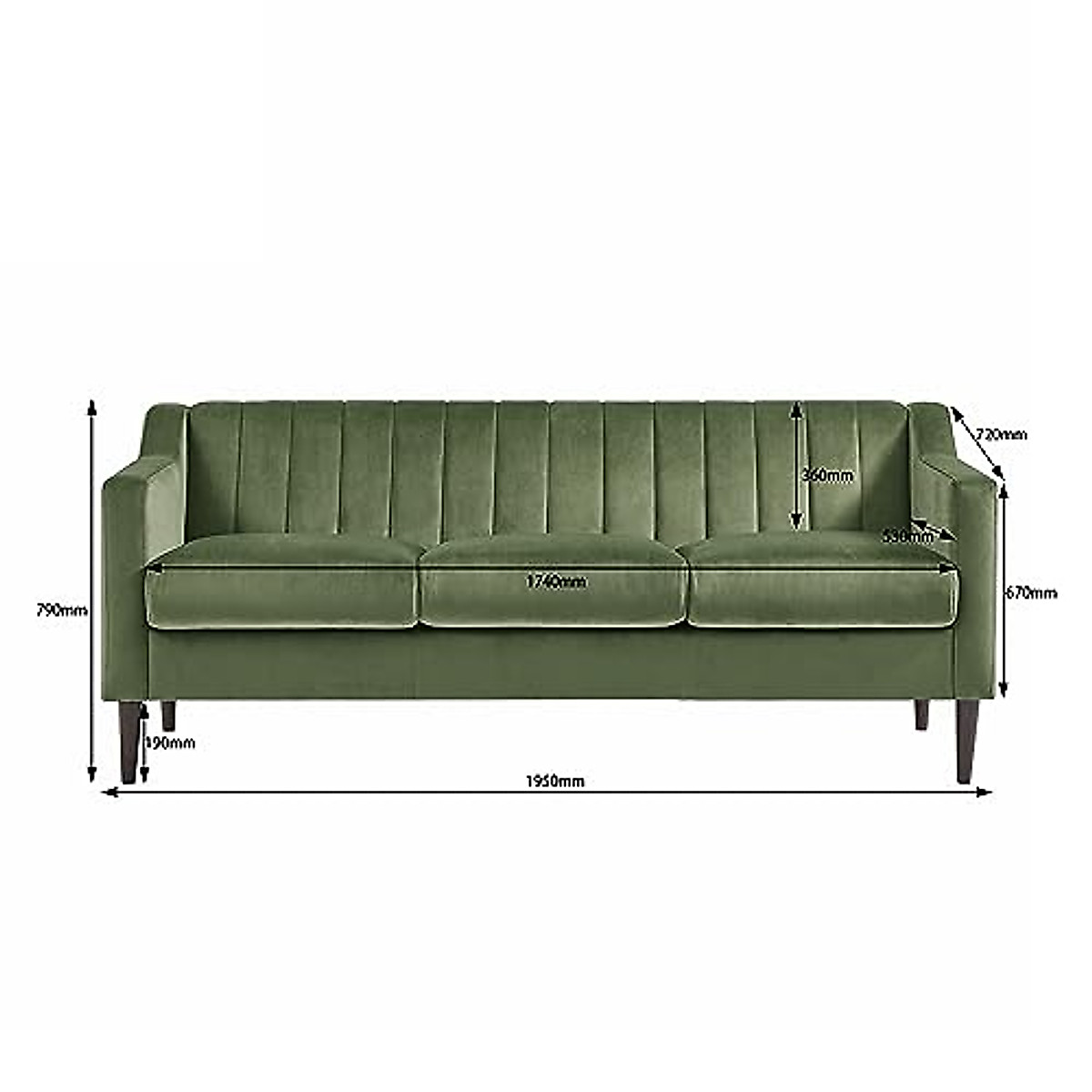 Tidyard Mid Century Modern Chesterfield Sofa Couch, Comfortable Upholstered Sofa with Velvet Fabric and Wooden Frame and Wood Legs for Living Room/Bed Room/Office Green -3 Seats