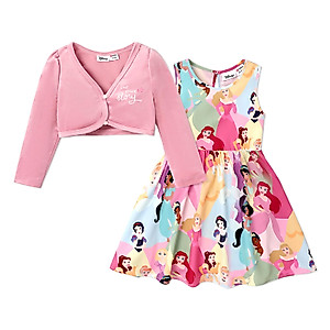 Disney Girls Dress and Cardigan Sets 2PCS Toddler Girl Print Sleeveless Dress and Long Sleeve Cardigan Set Pink 2 Years