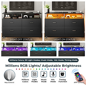 AOGLLATI Black Dresser for Bedroom with 4 Drawers,Dressers & Chests of Drawers with Column Design & Charging Station, Modern Bedroom Led Long Dresser for Bedroom Closet