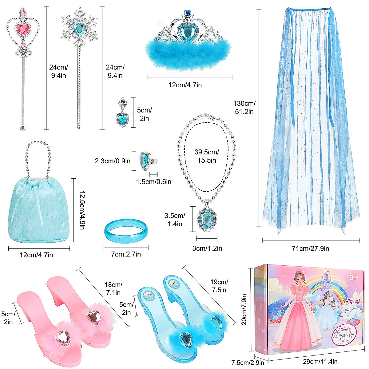 Hapgo Princess Dress Up Shoes and Pretend Jewelry Toys Set, 2 Pairs of Princess Shoes with Cape Tiara Crowns Earrings Necklaces Bracelets Rings Wands Bag Role Play Shoes for Girls Aged 3-6 Years Old
