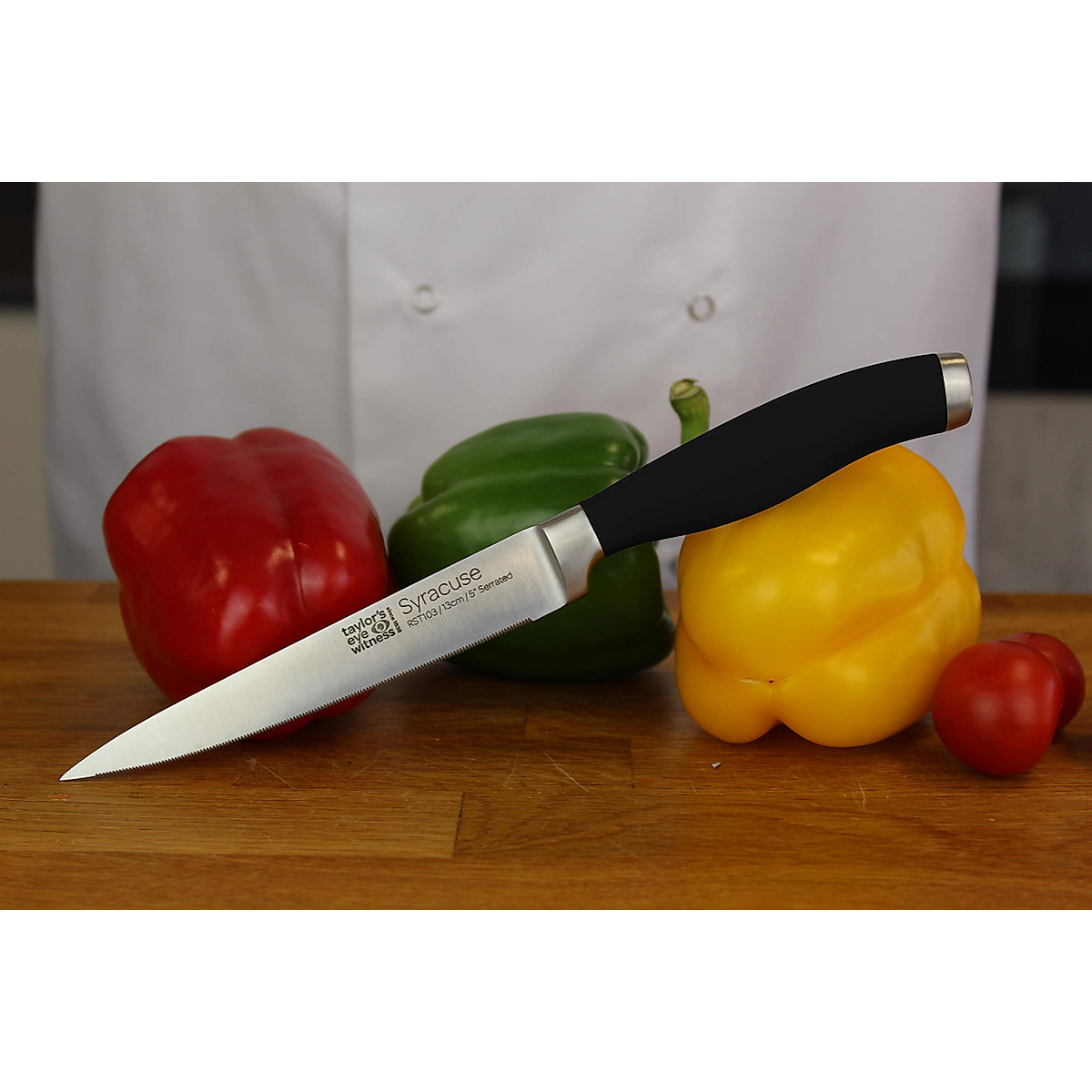 Taylors Eye Witness Syracuse Serrated Utility Kitchen Knife - Professional 13cm/5” Cutting Edge, Multi Use. Ultra Fine Toothed, Razor Sharp Blade. Soft Textured Grip Matte Black Handle.