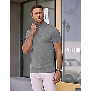 COOFANDY Mens Grey Mock Turtleneck Tops Short Sleeve Knitted T-Shirts Basic Thermal Pullover Sweater X-Large