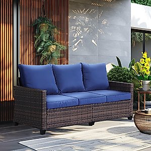 EortheX Patio Furniture Set, 3-Seat Outdoor Patio Couch Furniture Patio Wicker Sofa, All Weather Rattan Wicker Porch Furniture Anti-Slip Cushion