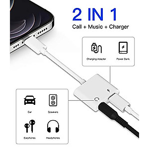 Headphone Adapter(2pack)Compatible with Lightning to 3.5mm AUX Audio Jack and Charger Dongle Earphone Splitter Compatible for iPhone 11 12 pro xs xr x 8 for Ipad Converter charging connector for Apple