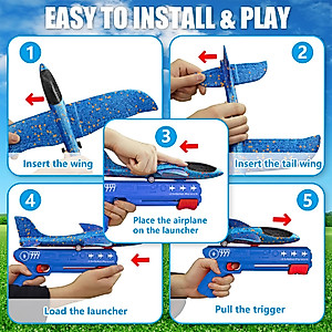 Funmas 3 Pack Airplane Launcher Toys, 2 Flight Modes Throwing Foam Glider Catapult Plane, Outdoor Flying Game Outside Toys for Ages 3 4 5 6 7 8 9 10 11 12 Years Old Boys Girls Kids Birthday Gifts