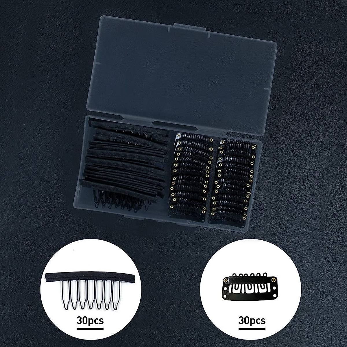 70 Pcs Wig Accessories Set 60Pcs Hair Extensions Wig Clips 7-Teeth Wig Combs with Cloth 6-Teeth U-Shape Metal Snap Clips 5 Curved Needles 5 T-Pins