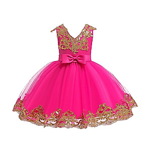 Flower Girl Dress Toddler Kids Baby Girls Shiny Sequin Bowknot Tutu Tulle Princess Dresses Birthday Party Pageant Wedding Bridesmaid Formal Evening Sundress Baptism Clothes Gift Hot Pink 5-6T