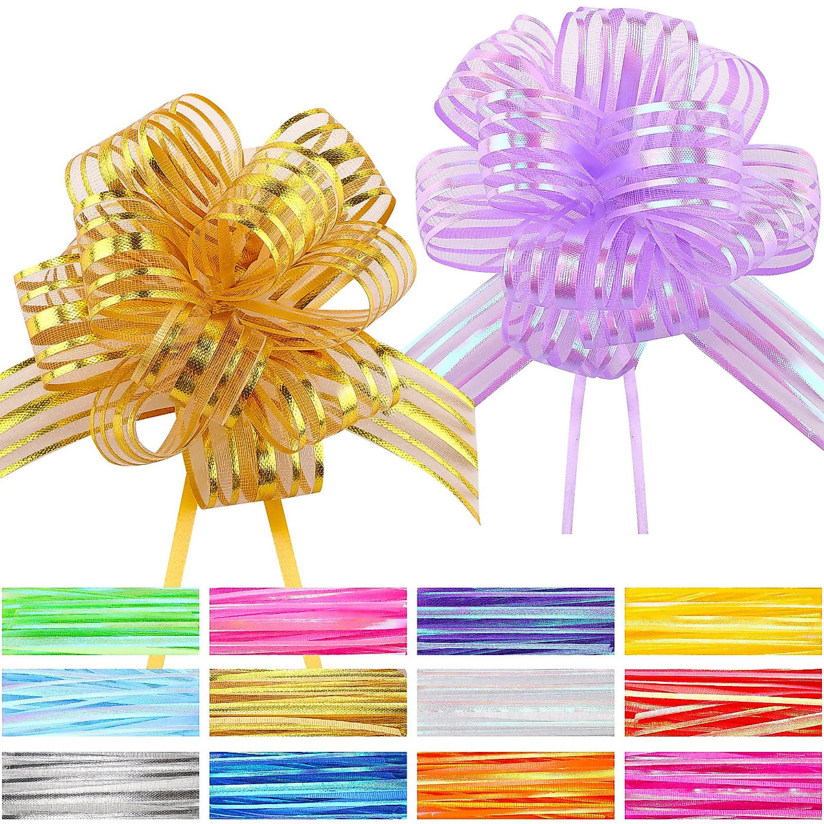 24 Pieces Pull Bow Mixed Color Large Organza Pull Bow Present Wrapping Pull Bow with Ribbon for Wedding Present Baskets (Multicolored)