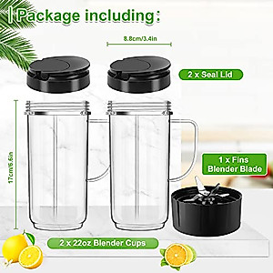 2 Pack Magic Bullet Blender Cups,Tall 22oz Cups Mugs Flip Top To-Go Lids & 4 Fins Cross Blade with Gasket Handle Replacement Part Compatible Magic Bullet Blender Juicer Mixer Accessories 250W MB1001
