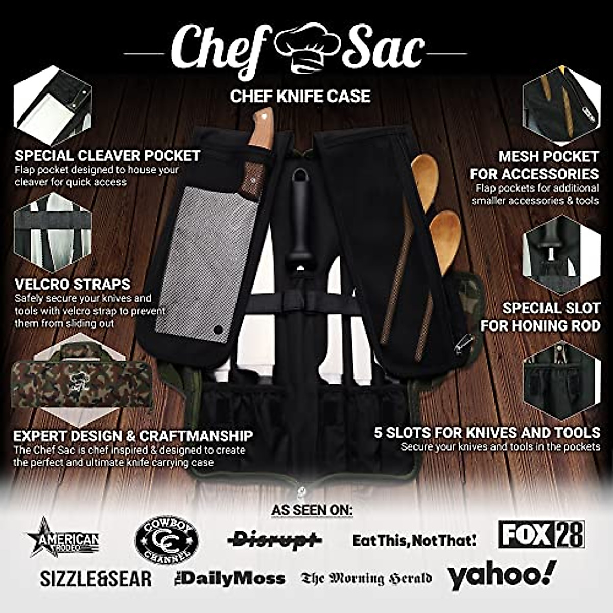 Chef Sac Chef Knife Roll Bag Travel Case | 8+ Slots for Knives & Tools | 2 Flaps with Cleaver & Mesh Pocket | Chef Knife Case for Professional & Culinary Work | Knives Not Included (Army Green)